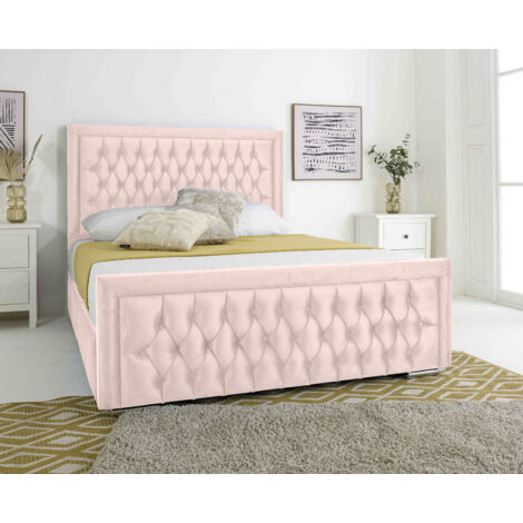 Paloma Pink Plush Velvet Matching Buttons Super King Bed Frame