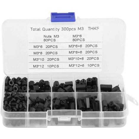 300 pcs Noir M3 Mle Femelle Entretoises Vis crous Assortiment Kit avec Bote