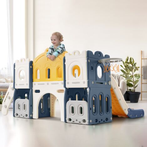 Aire de jeux 6 en 1, avec toboggan, panier de basket, échelle de grimpe, tunnel, en HDPE ...