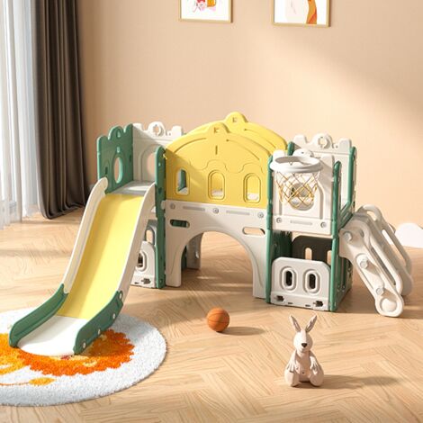 Aire de jeux 6 en 1, avec toboggan, panier de basket, échelle de grimpe, tunnel, en HDPE ...