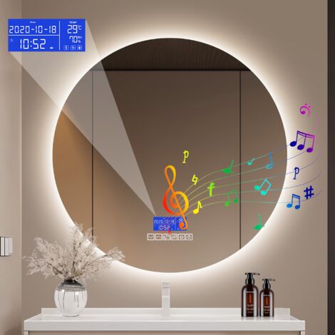 Miroir de salle de bain rond, avec LED, Fonction désembuage, Bluetooth ...