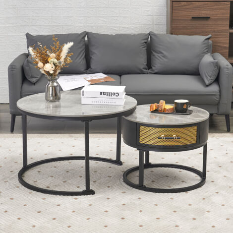 Table basse gigogne 70x45.5/50x40 cm avec 1 tiroir, 1 plateau en verre ...