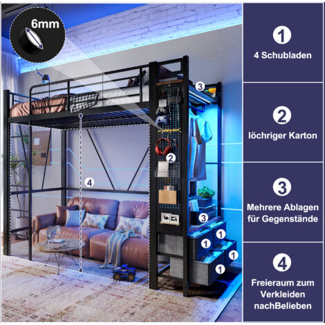 Lit mezzanine enfant 90x200 en metal noir avec LED et ports USB ...