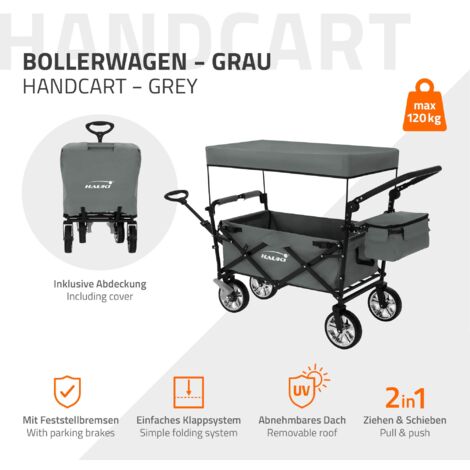 Hauki Bollerwagen XXL faltbar mit Dach & Tasche, Grau, Handwagen klappbar zum Schieben/Ziehen ...
