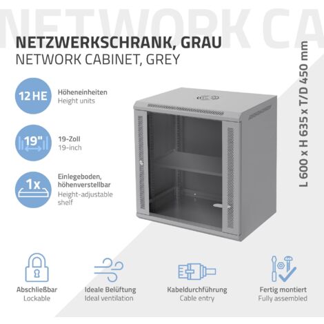 ECD Germany Netzwerkschrank 12 HE, Serverschrank 19 Zoll, Grau ...
