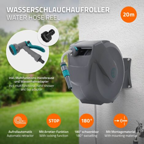 ECD Germany Schlauchaufroller 20m+2m, Schlauchtrommel, Wand-Schlauchbox RollUp mit Arretierstop ...