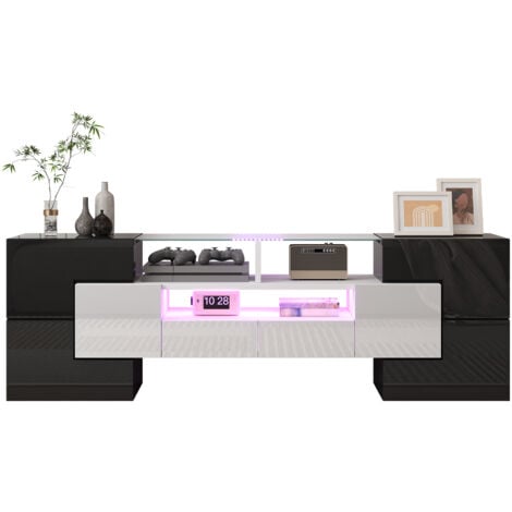 Elegante mobile TV, mobile basso. bianco lucido, 145 cm, illuminazione ...