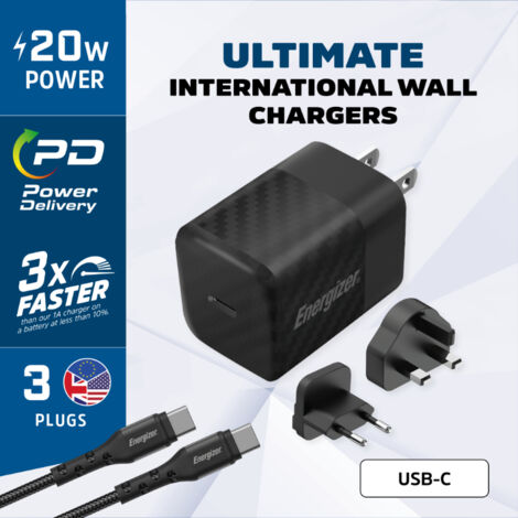 Energizer Ultimate - Chargeur mural Multiplug EU / UK / US GaN USB-C 20W PD + câble USB-C (Noir)