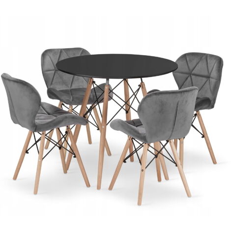 Ensemble table ronde TODI 80 noire + 4 chaises LAGO grises