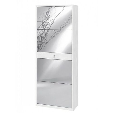 Scarpiera a specchio con 4 ante e cassetto, Bianco Ossido, 63x29x164 cm