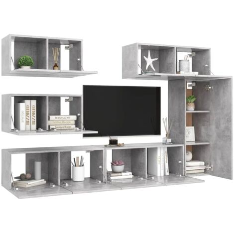 Meuble TV gain de place gris béton ensemble mural 6 pièces modulable ...
