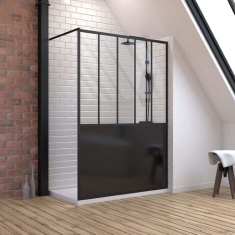 pack paroi de douche 140x200 cm noir mat - verre trempe 5mm + receveur ...