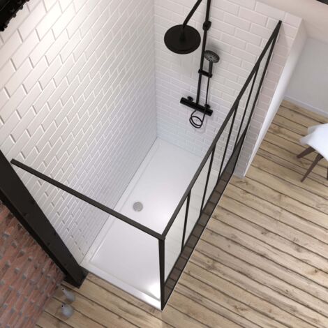 pack paroi de douche 140x200 cm noir mat - verre trempe 5mm + receveur ...