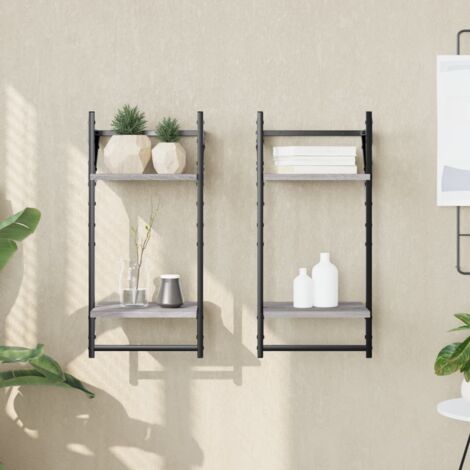 2-Tier Wall Shelves with Bars 2 pcs Grey Sonoma 30x25x65 cm vidaXL