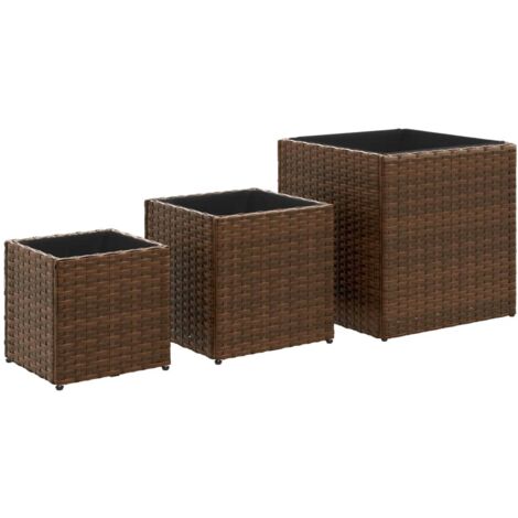Garden Planters 3 pcs Brown Poly Rattan vidaXL