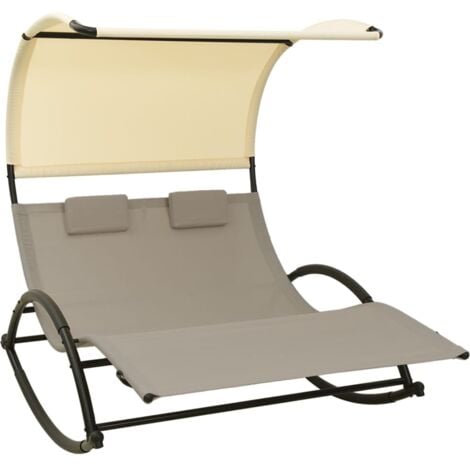 Double Sun Lounger with Canopy Textilene Taupe and Cream vidaXL