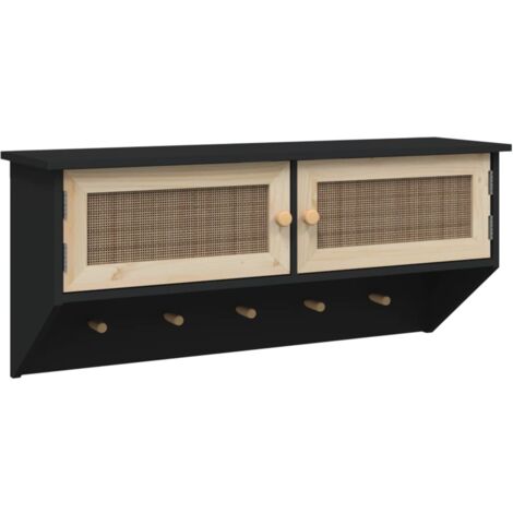 Wall-mounted Coat Rack Black Engineered Wood and Natural Rattan vidaXL