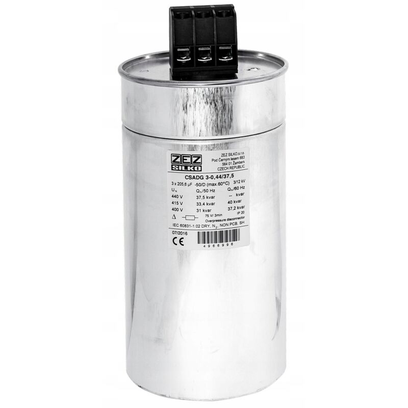 ZEZ-Silko-Kondensator 37,5 kvar 440 V Cn=3x205,52µF In=3x49,26A O145x296MM