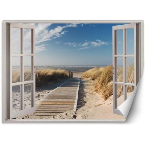 Fototapete, Blick aus dem Fenster, Strand, Dünen, Pier - 210x150
