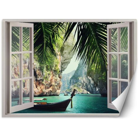 Fototapete, Blick aus dem Fenster auf einen tropischen Strand mit Palmen – 280x200