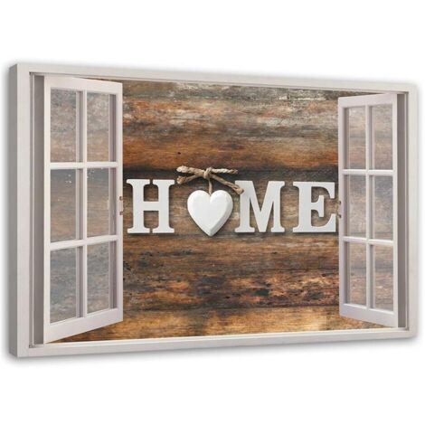 Bild auf Leinwand, Blick aus dem Fenster Hausinschrift auf Holz - 60x40