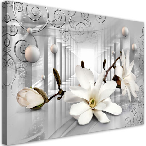Bild auf Leinwand, Blumen im Tunnel und silberne Kugeln 3D - 100x70