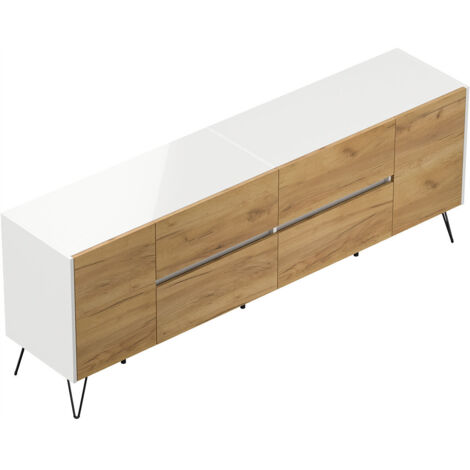 Sideboard Yako 200cm 2 Türen 4 Schubladen Weiß Hgl mit Eiche Fronten