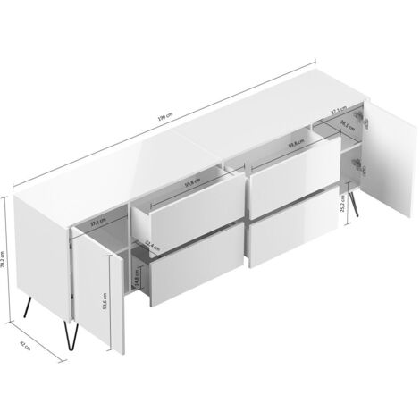 Sideboard Yako 200cm 2 Türen 4 Schubladen Weiß Hgl mit Eiche Fronten