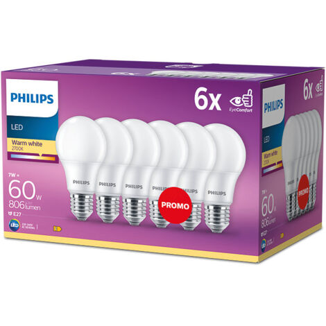 Lot de 6 ampoules LED 7W (60W) E27 2700K chaud 806lm Philips