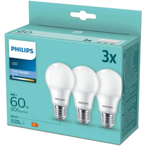 Lot de 3 ampoules LED 8W (60W) A60 E27 6500K froid CDL FR ND 3PF/6 DISC Philips