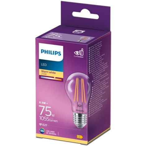 Ampoule LED E27 8,5W =75W 2700K chaud 1055lm verre A60 Philips