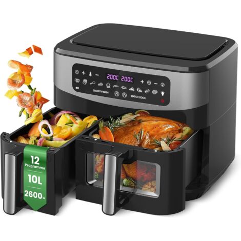 Friteuse Sans Huile Double Tiroir, Air Fryer XXL 10L(6l+4l) Avec 12 Programmes, Minuterie ...
