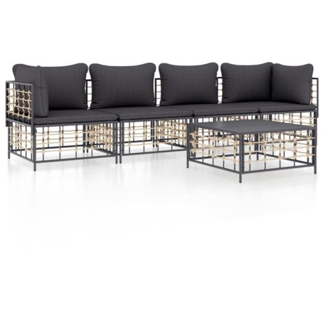 5-tlg. Garten-Lounge-Set mit Kissen Anthrazit Poly Rattan ...