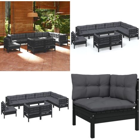 10-tlg. Garten-Lounge-Set mit Kissen Schwarz Massivholz Kiefer - Garten ...