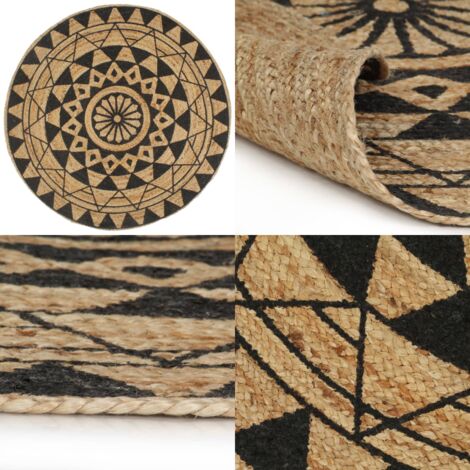 Teppich Handgefertigt Jute mit Schwarzem Aufdruck 150 cm - Naturfaser ...