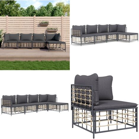 5-tlg. Garten-Lounge-Set mit Kissen Anthrazit Poly Rattan ...