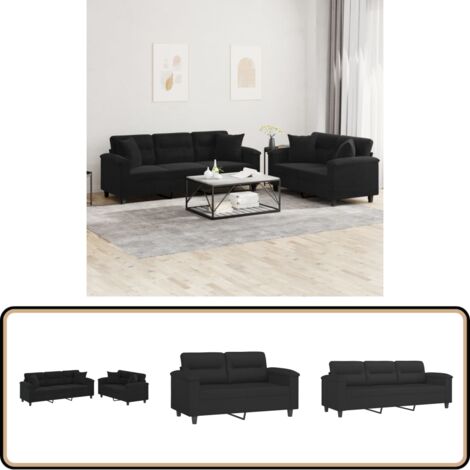 2-tlg. Sofagarnitur mit Kissen Schwarz Mikrofasergewebe - Mikrofaser Sofa - Couchgarnitur ...