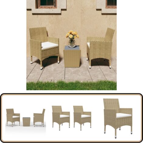 3-tlg. Bistro-Set Poly Rattan und Hartglas Beige - Outdoor Möbel - Gartenmöbel Set - Bistroset ...