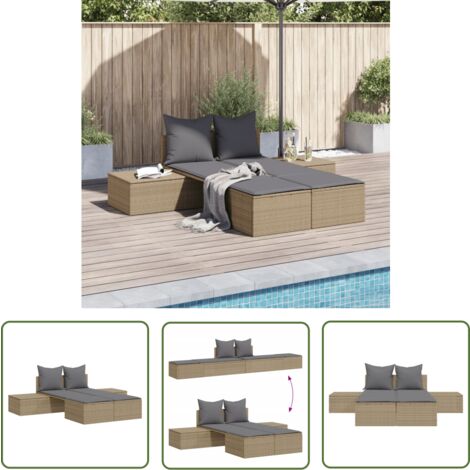 The Living Store Doppel-Sonnenliege mit Auflagen Beige Poly Rattan ...