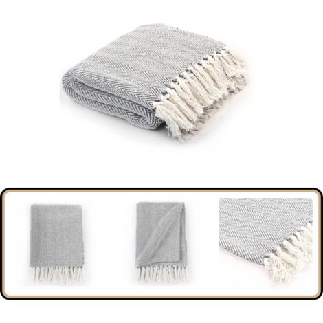 Überwurf Baumwolle Fischgrätenmuster 160x210 cm Grau - Baumwolldecke ...