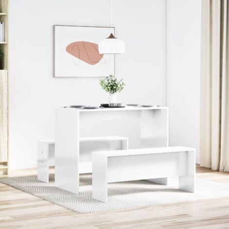 3-tlg. Esstisch und Bank Set Hochglanz-Weiß Holzwerkstoff - Esstisch ...