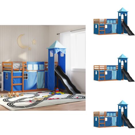 Etagenbett mit Rutsche und Gardinen Blau 90x200 cm - Kinderhochbett ...