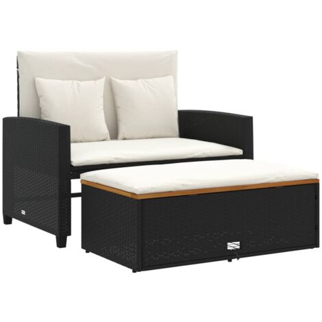 Gartensofa mit Kissen 2-Sitzer Schwarz Poly Rattan&Akazienholz ...