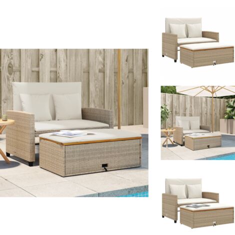 Gartensofa mit Kissen 2-Sitzer Beige Poly Rattan & Akazienholz ...