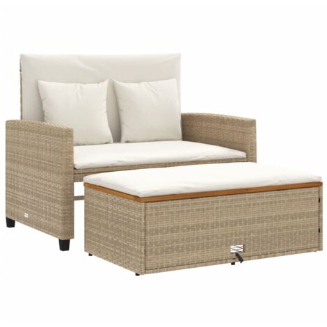 Gartensofa mit Kissen 2-Sitzer Beige Poly Rattan & Akazienholz ...