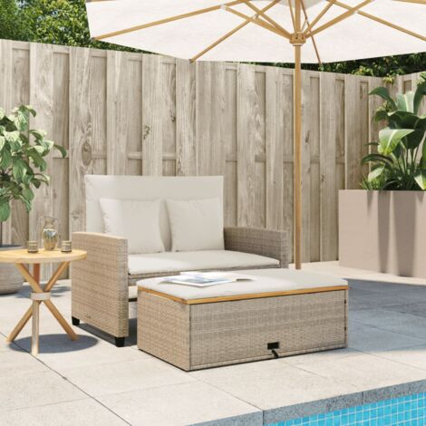 Gartensofa mit Kissen 2-Sitzer Beige Poly Rattan & Akazienholz ...