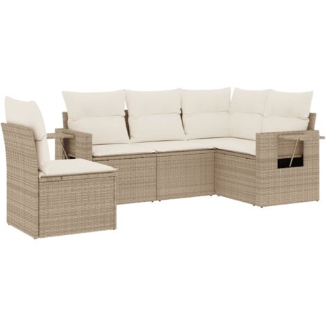 5-tlg. Garten-Sofagarnitur mit Kissen Beige Poly Rattan - Gartenmöbel ...