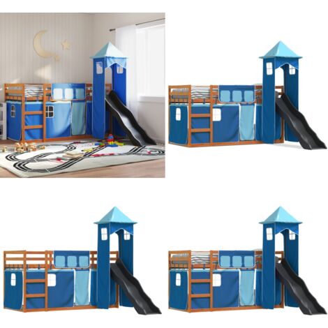 Etagenbett mit Rutsche und Gardinen Blau 90x200 cm - Kinderhochbett ...