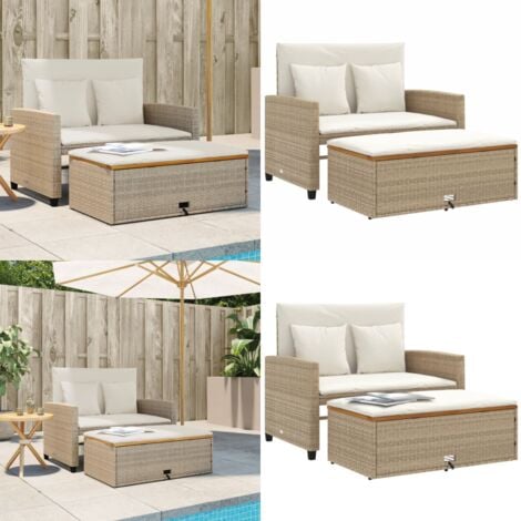 Gartensofa mit Kissen 2-Sitzer Beige Poly Rattan & Akazienholz ...