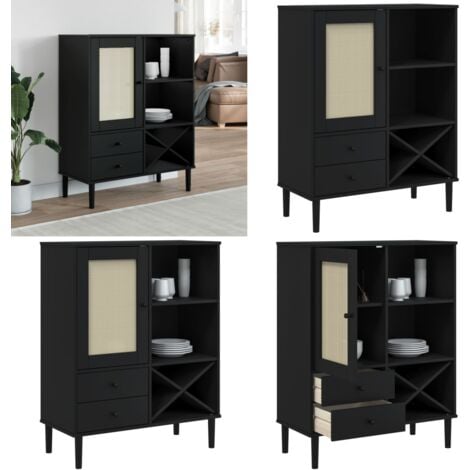 Highboard SENJA Rattan-Optik Schwarz 90x40x112 cm Kiefernholz ...